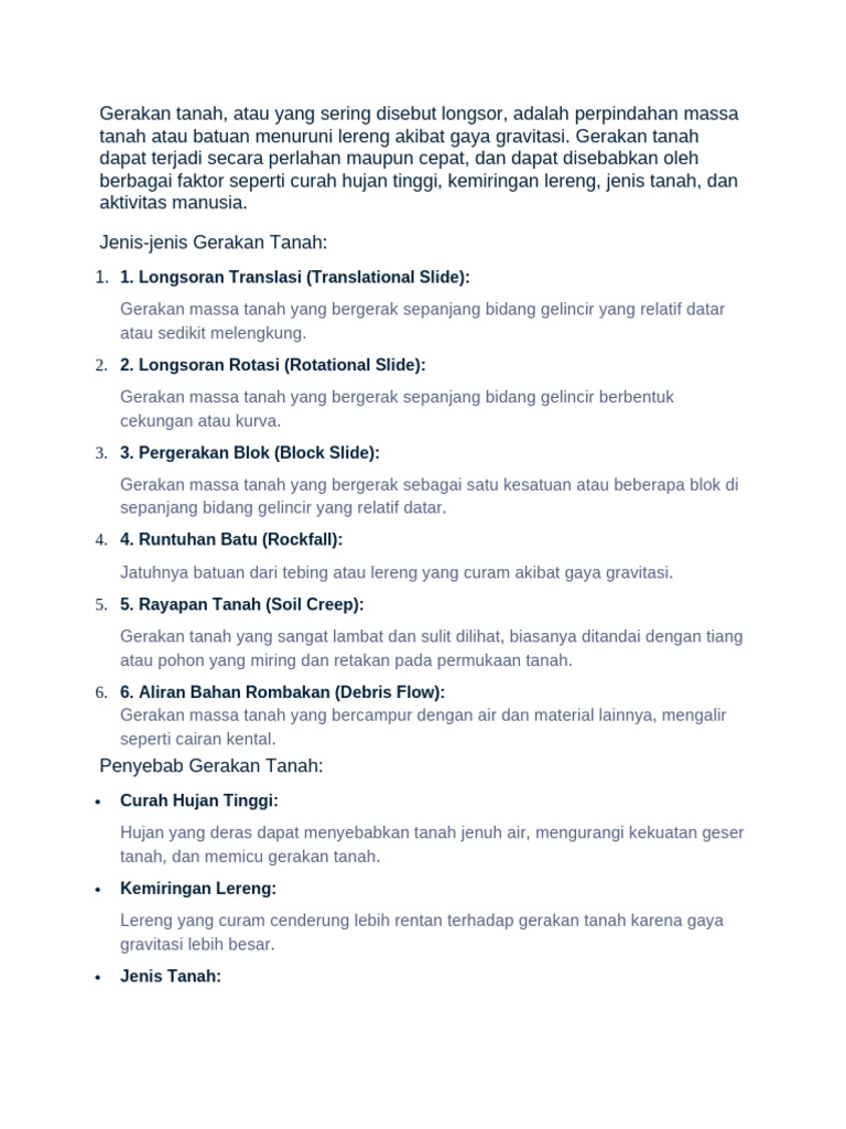 Jenis-Jenis Gerakan Tanah dan Penyebabnya | PDF
