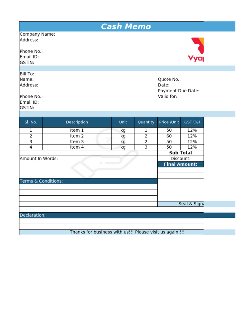 Cash Memo Template with GST Details | PDF