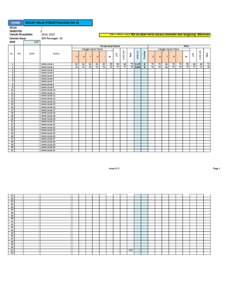 Contoh Format Rekap Nilai Pengetahuan Kurikulm 2013 Terbaru | PDF