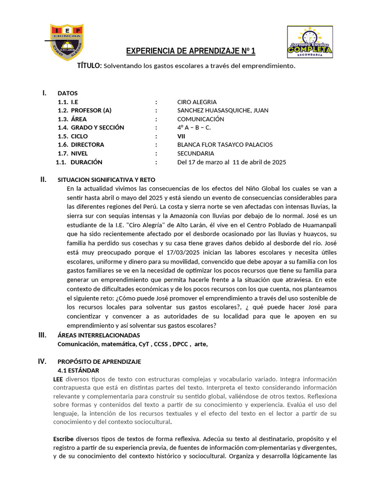 Eda 1 - 2025 4° Grado | PDF | Léxico | Aprendizaje