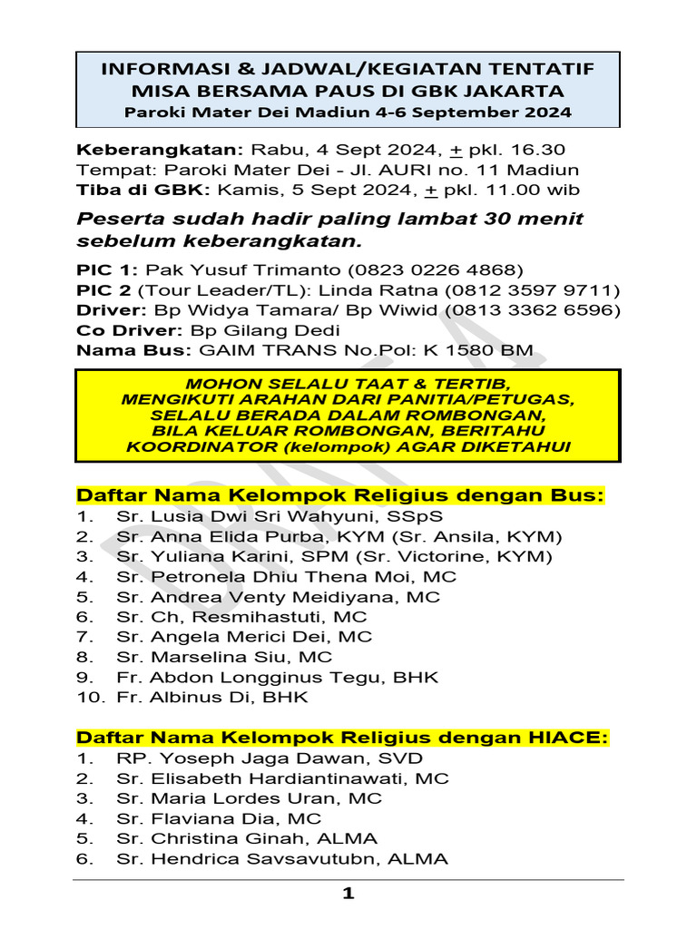 Info & Jadwal Perjalanan Misa Paus - Rev - 04 - Panjang | PDF