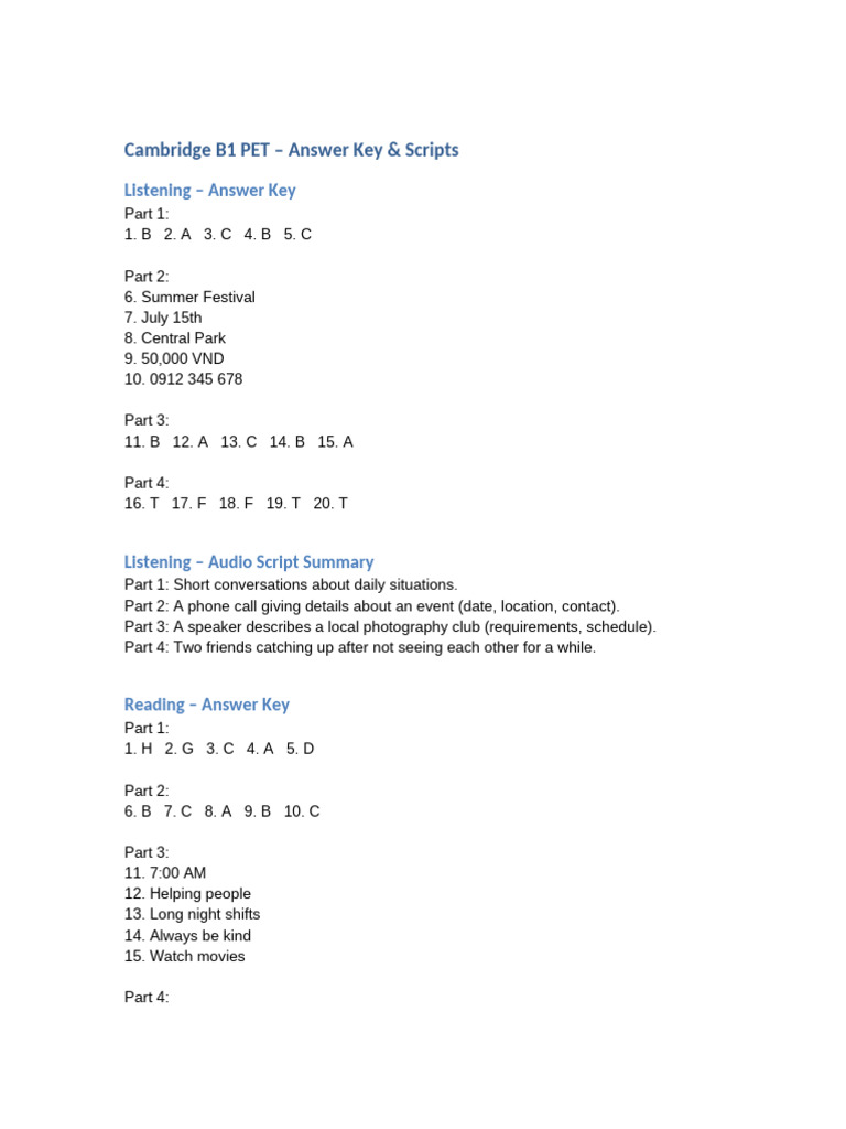 Cambridge B1 PET Answer Key & Scripts | PDF