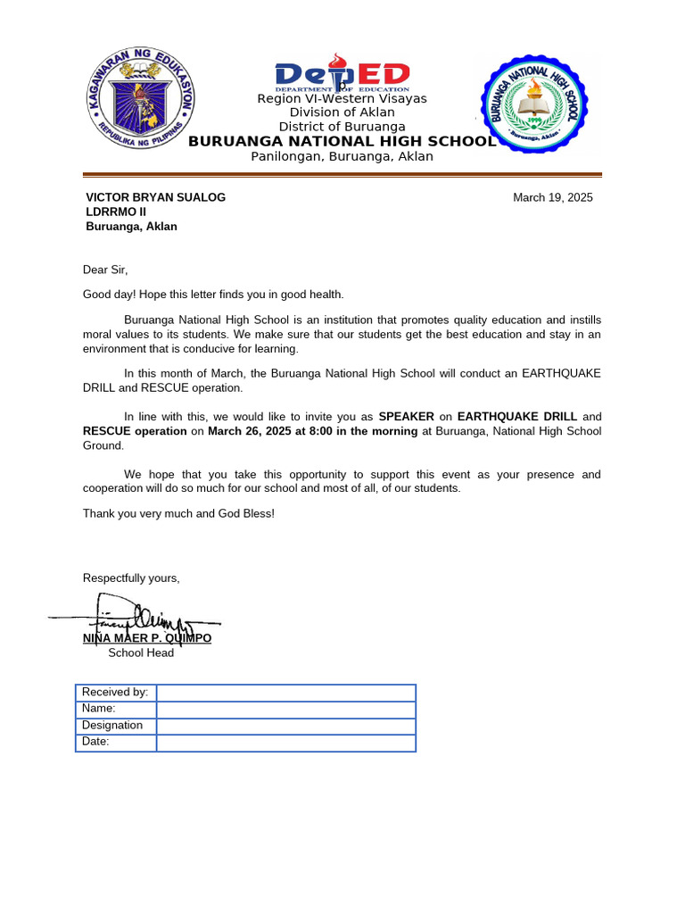 Earthquake Drill Invitation at Buruanga HS | PDF