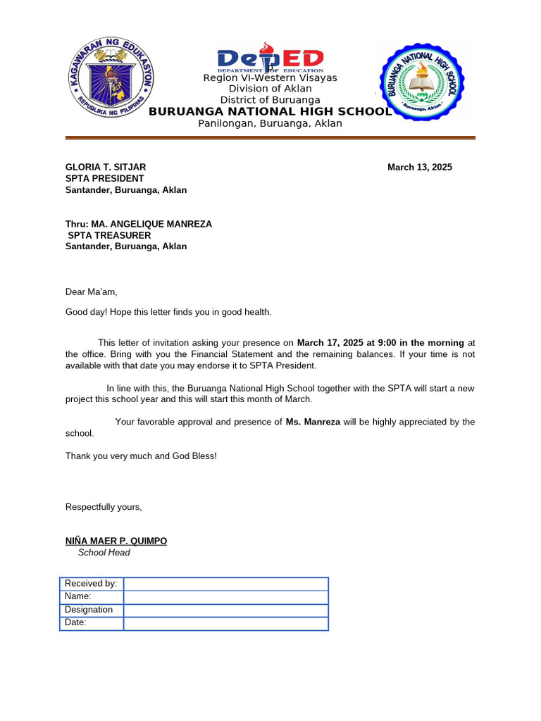 Letter of Invitation Treasurer | PDF