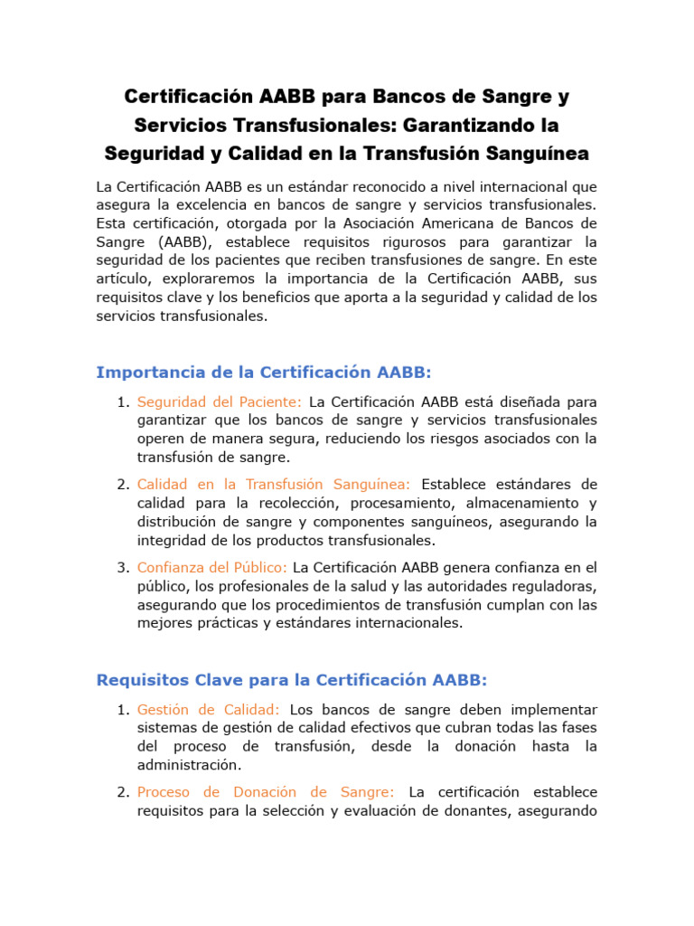 Certificacion AABB para Bancos de Sangre y Servicios Transfusionales ...