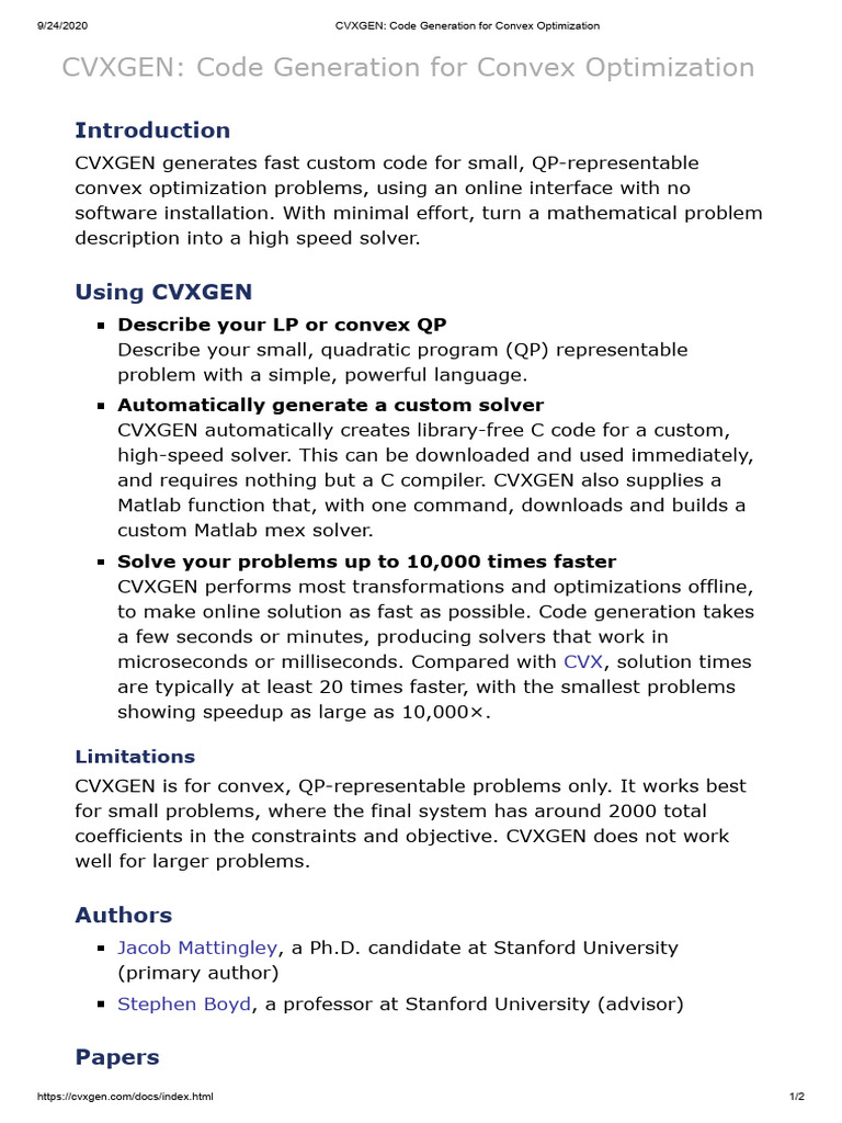 CVXGEN - Code Generation For Convex Optimization | PDF | Mathematical Optimization | Systems ...