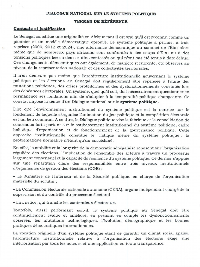 TDR Dialogue National Sur Le Systeme Politique 2025 | PDF