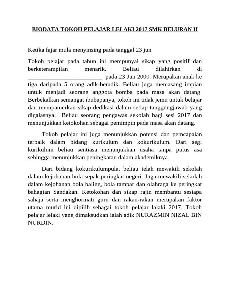 Biodata Tokoh Pelajar Lelaki 2017 SMK Beluran I1 | PDF