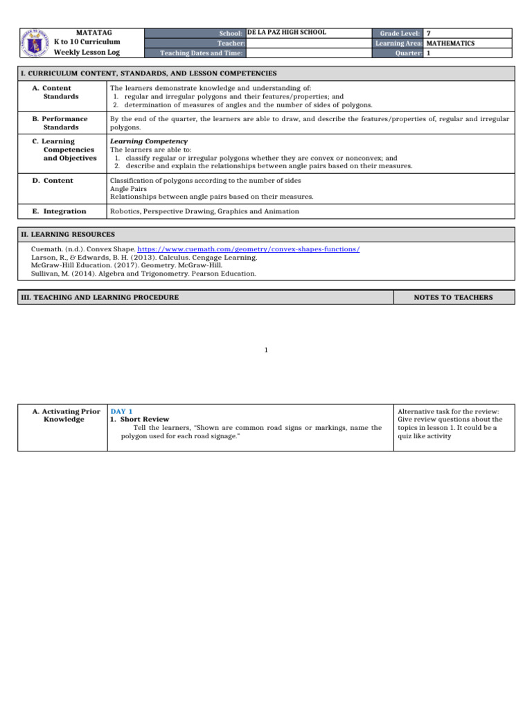 DLL Matatag - Math 7 q1 w2 | PDF | Polygon | Vertex (Geometry)