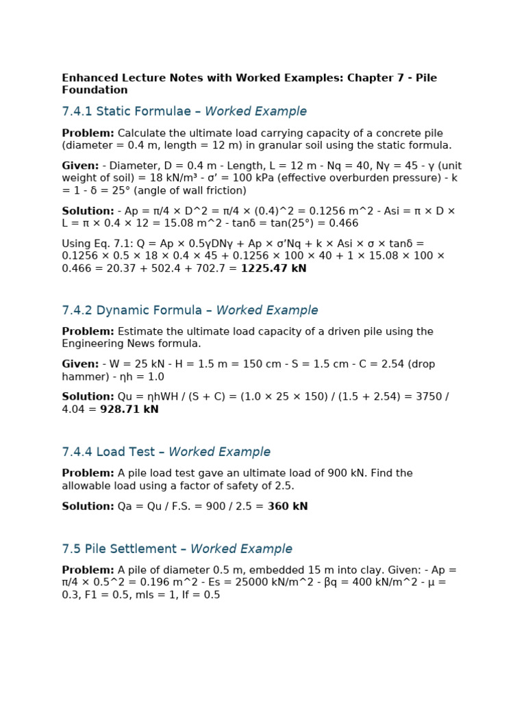 Pile Foundation Worked Examples | PDF | Deep Foundation | Civil Engineering