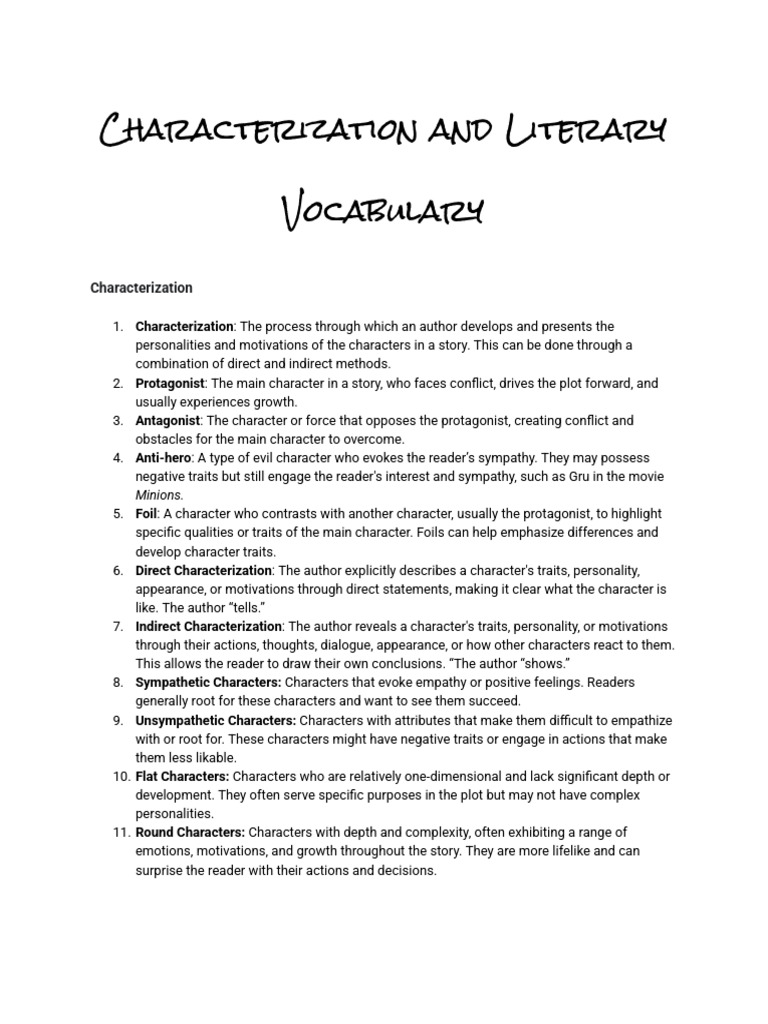 Characterisation Vocabulary | PDF | Plot (Narrative) | Human Communication