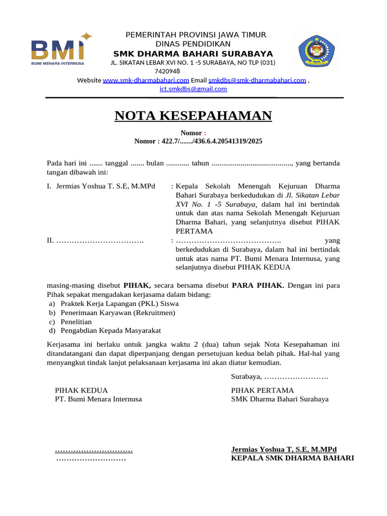 MoU PT. Bumi Menara Internusa | PDF