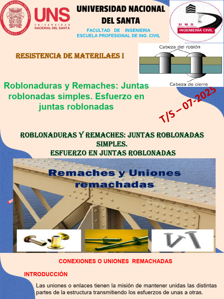 Roblonaduras y Remaches: Juntas Roblonadas Simples. Esfuerzo en Juntas ...
