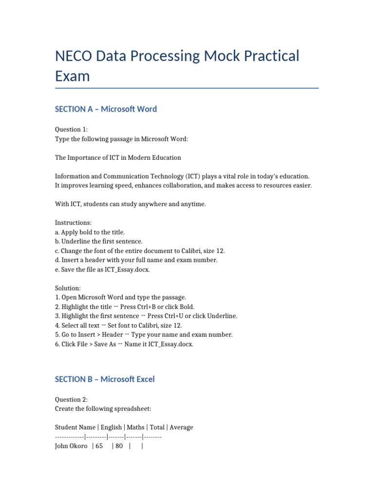 NECO Mock Practical Exam | PDF | Microsoft Excel | Microsoft Word