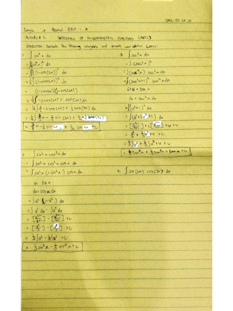 Activity 2 Integrals of Trigonometric Functions Part 4 | PDF