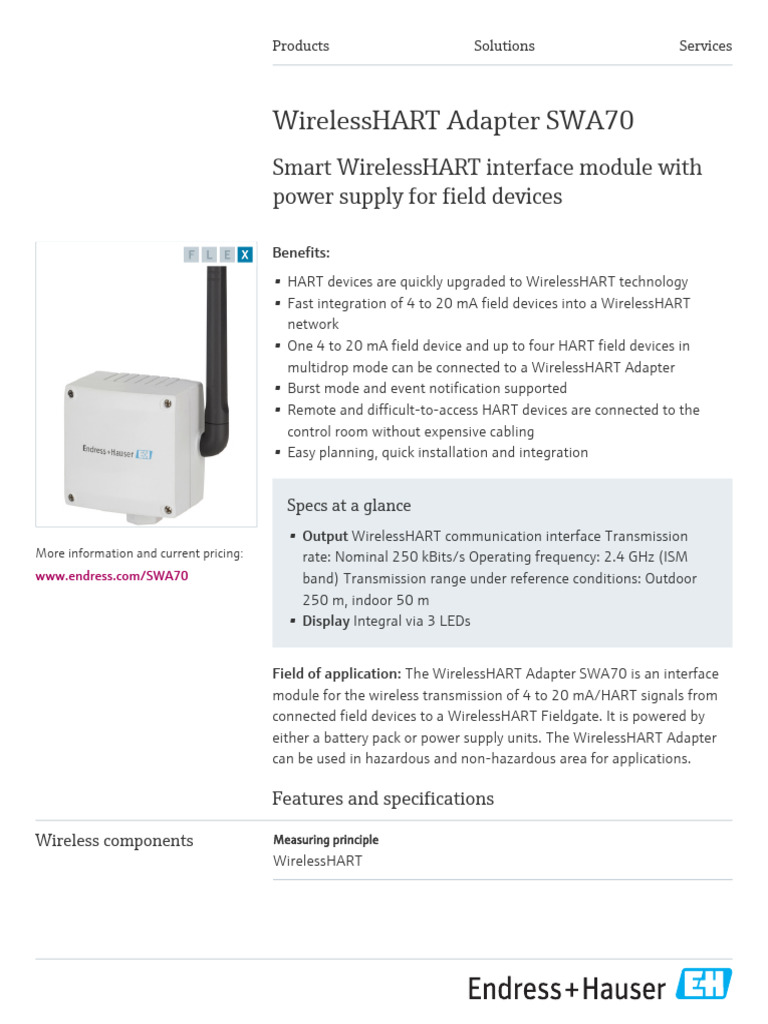 Endress-Hauser WirelessHART Adapter SWA70 en | PDF | Power Supply ...