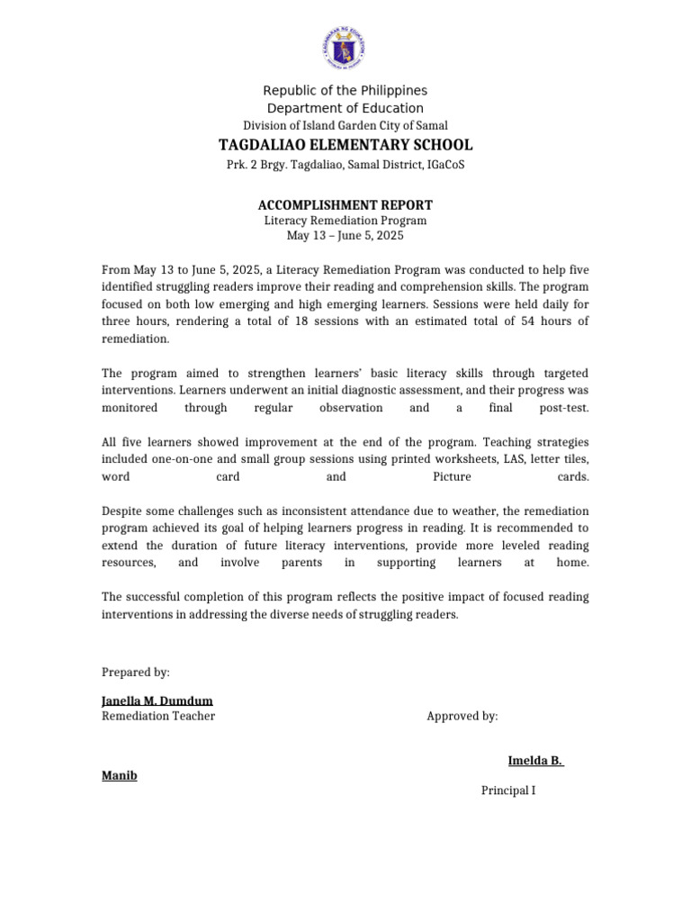 Literacy Remediation Program Report | PDF