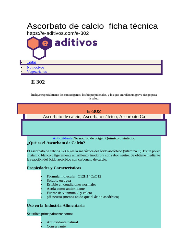 Ascorbato de Calcio Ficha Tecnica | PDF | Vitamina C | Calcio