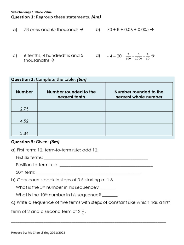 Place Value Self-Challenge Worksheet | PDF