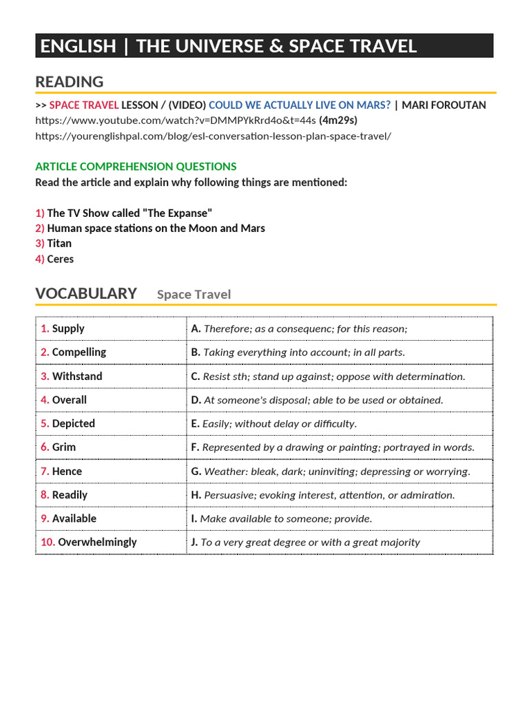 Space Travel Vocabulary for Students | PDF