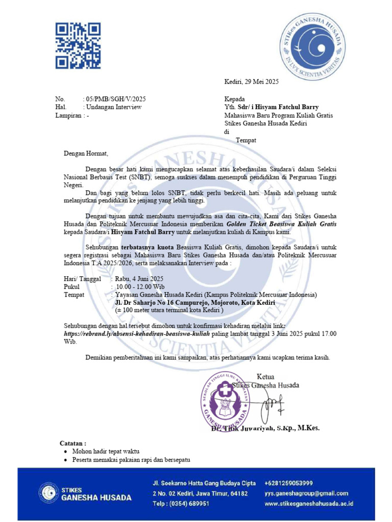 Undangan Interview Beasiswa Kuliah Gratis - 1155. Hisyam Fatchul Barry ...