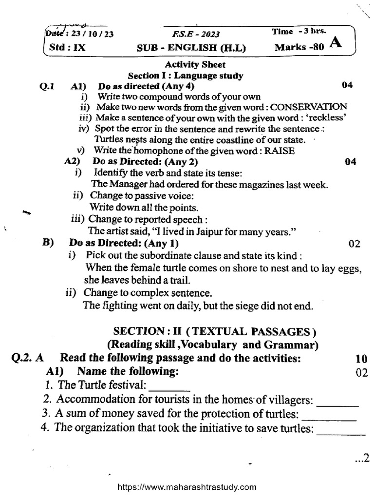 MH Board Class 9 Fse English Set A 181123 Oct 2023 | PDF