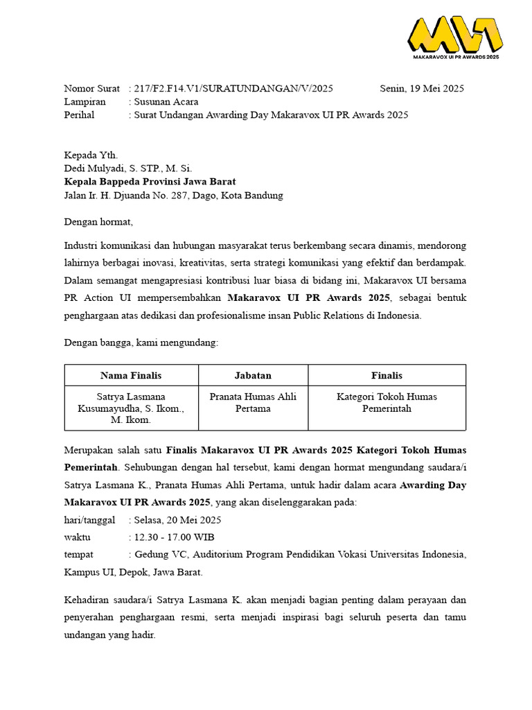 (Satrya Lasmana K.) - Surat Undangan Awarding Day | PDF