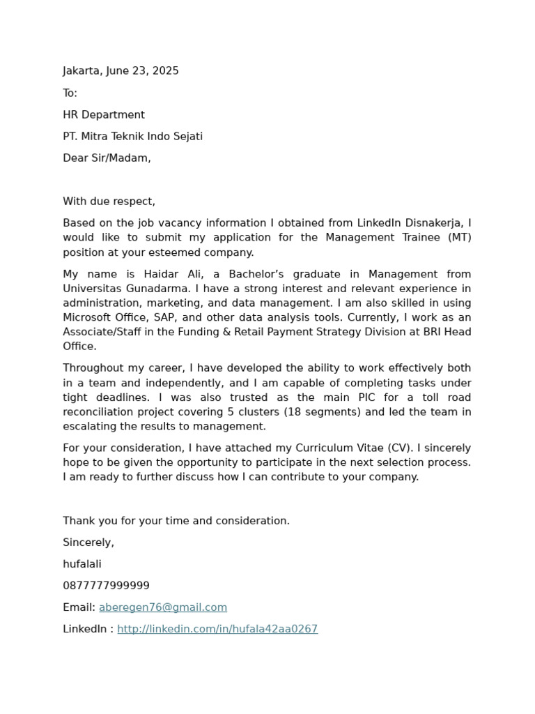 Contoh Surat Lamar Kerja Simpel | PDF