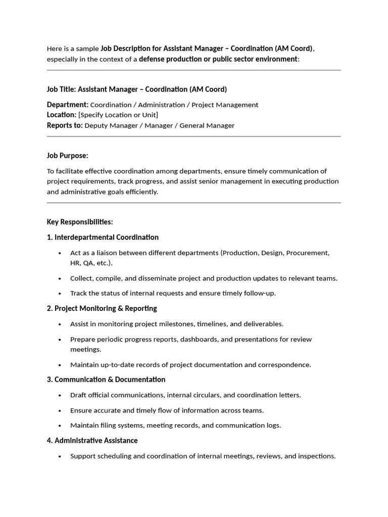 Job Description For Assistant Manager Coord | PDF