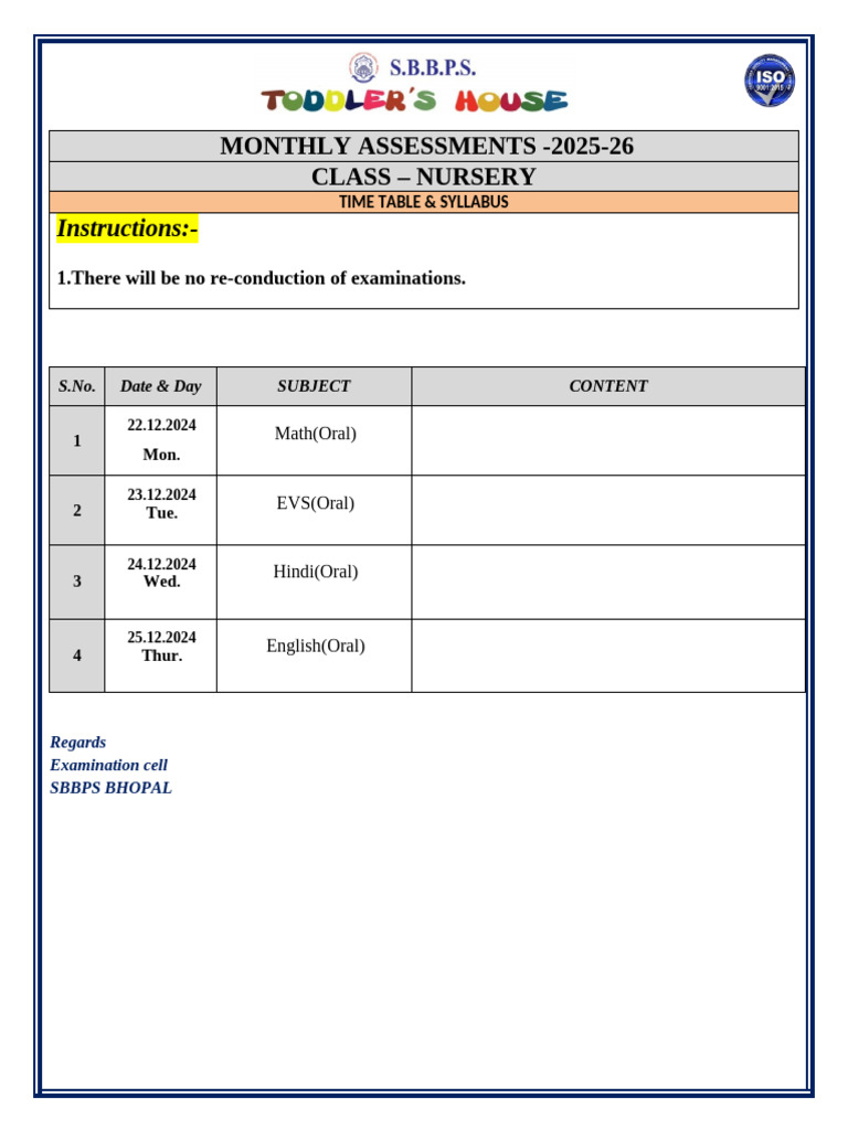 Time Table and Syllabus Periodic Assessment - Nursery | PDF