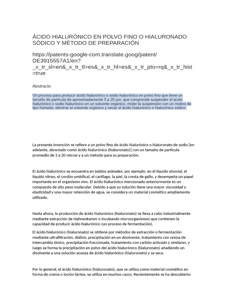 Ácido Hialurónico en Polvo Fino o Hialuronado Sódico y Método de ...