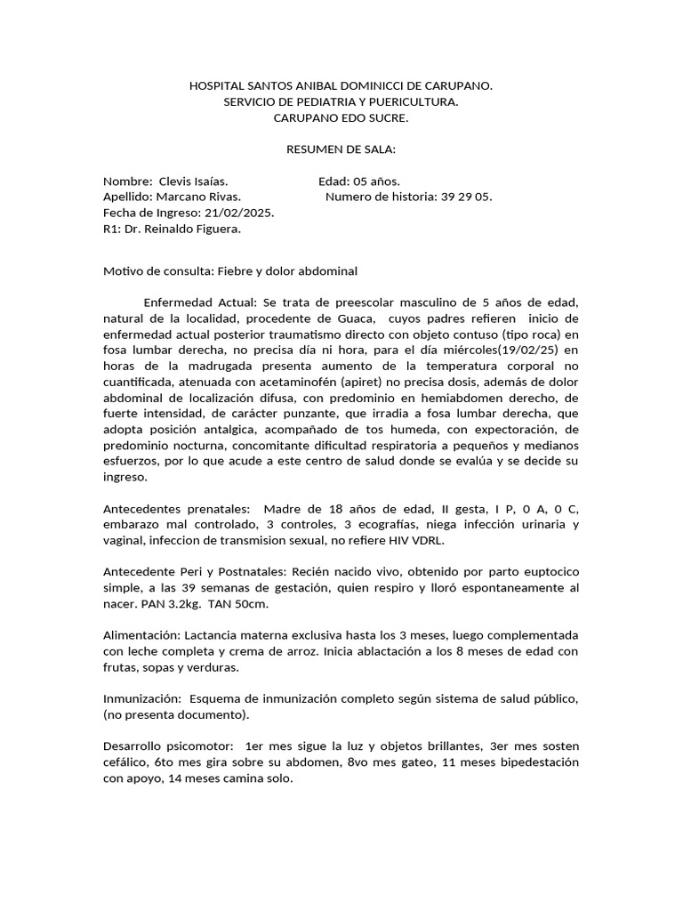 Resumen de Caso Clevis Marcano | PDF | Neumonía | Especialidades Medicas