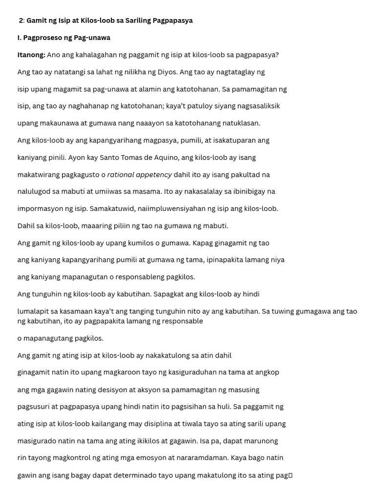Augnay Na Paksa 2 Gamit NG Isip at Kilos-Loob Sa Sariling Pagpapasya | PDF
