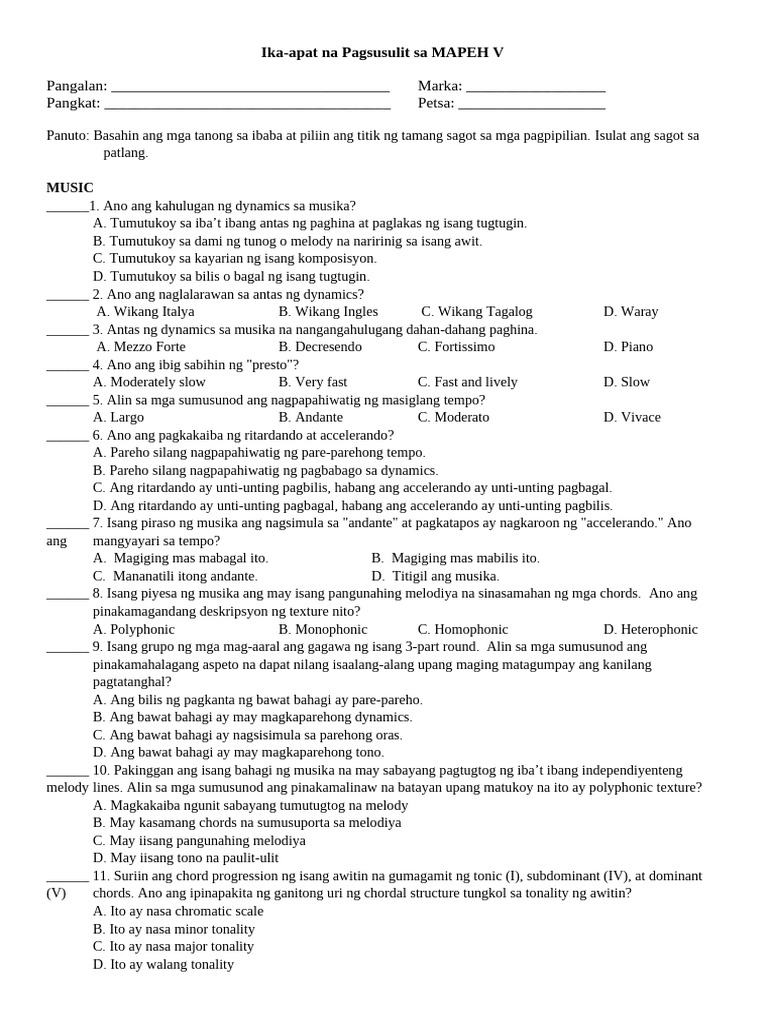 Mapeh 5 - 4th Quarter With Key Answer | PDF