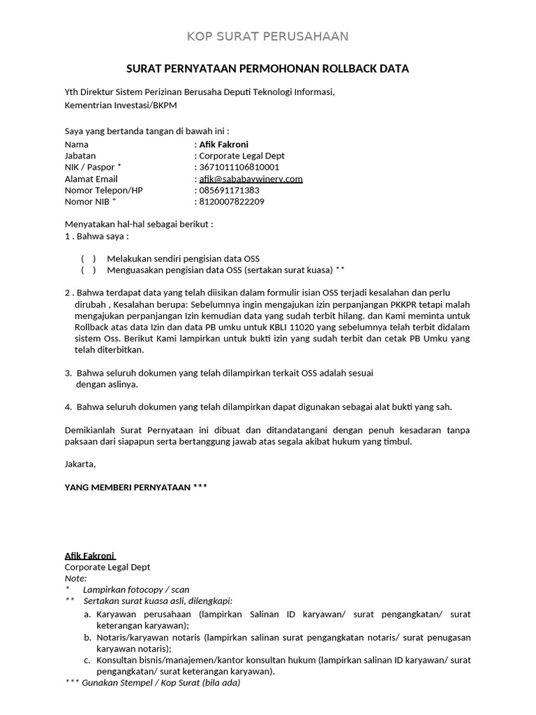 Surat Pernyataan Oss 2 | PDF