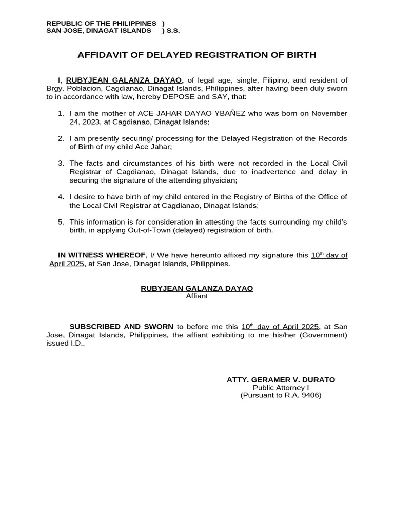 Affidavit for Delayed Birth Registration | PDF