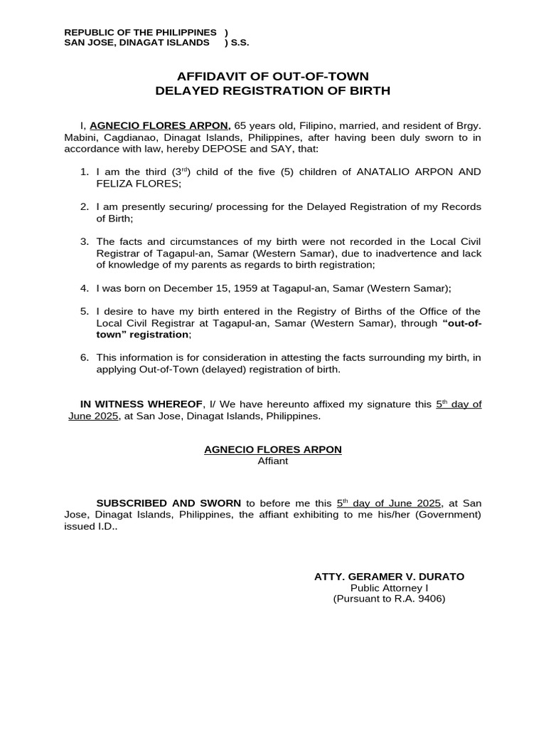 Affidavit for Delayed Birth Registration | PDF