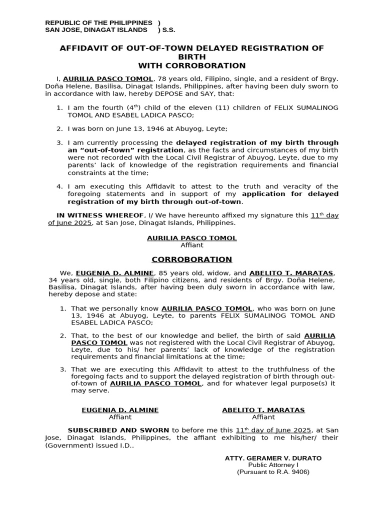 Affidavit Late Registration Corroboration Abelito Eugenia - June 11 2025 | PDF | Affidavit ...