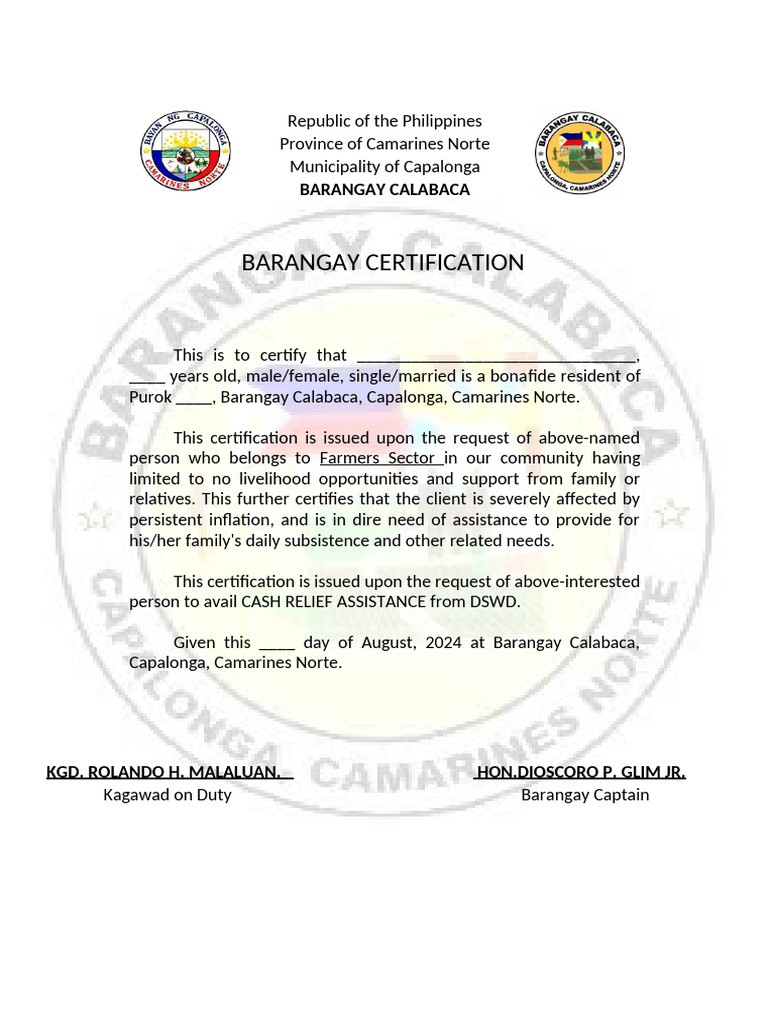 Barangay Calabaca Certification for Aid | PDF