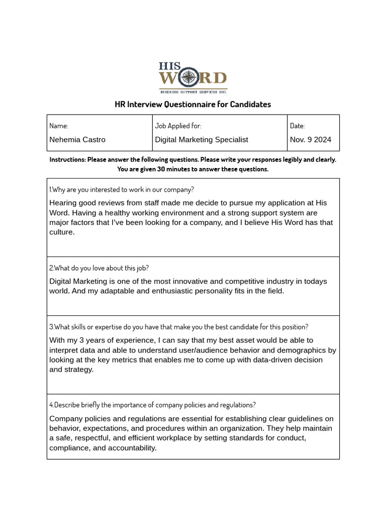 HR Interview Questionnaire For Candidates | PDF | Goal | Organizational ...
