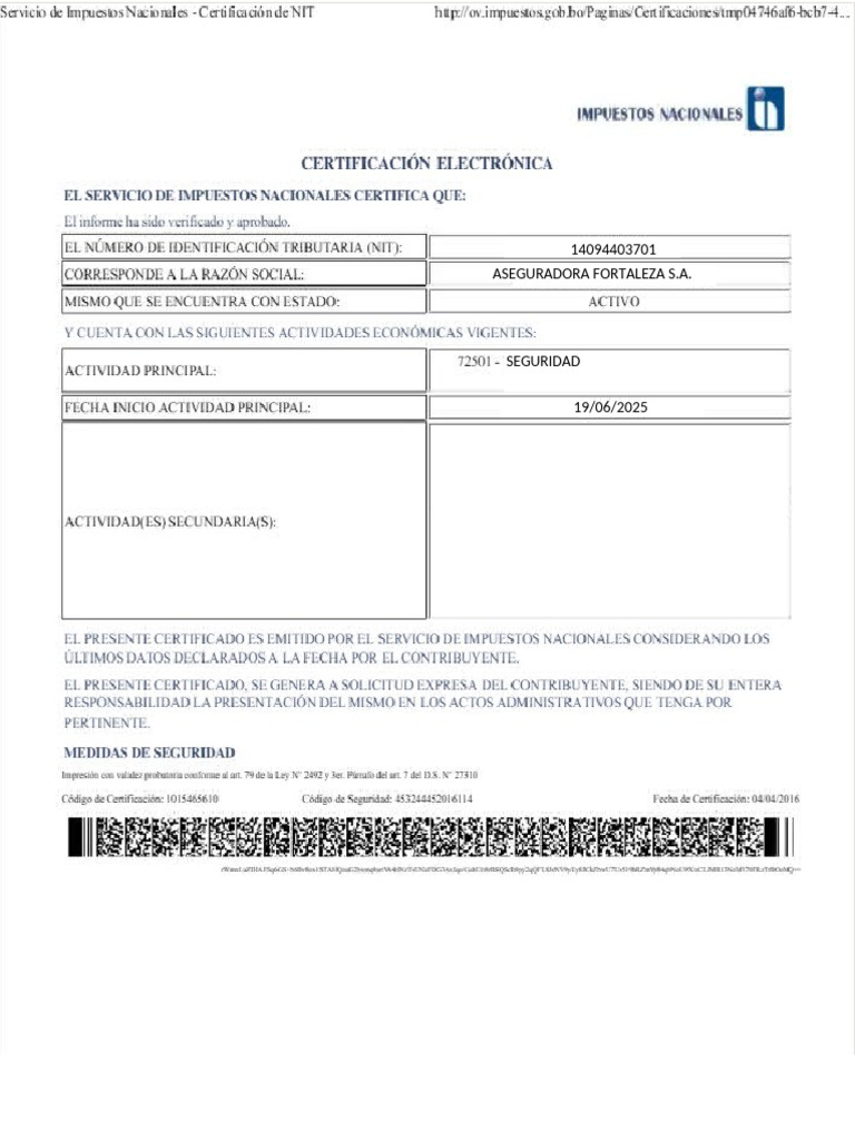 Certificado Electronica Seguros Nit | PDF