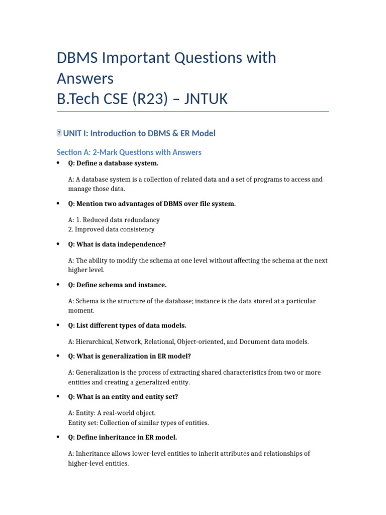 DBMS Important Questions With Answers Unit1 2 3 | PDF | Relational Model | Relational Database
