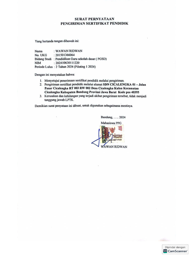 Surat Pernyataan Pengiriman Sertifikat | PDF