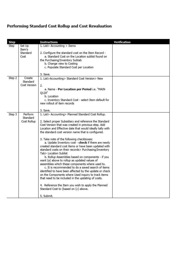 Standard Cost Rollup Procedure Guide | PDF | Inventory