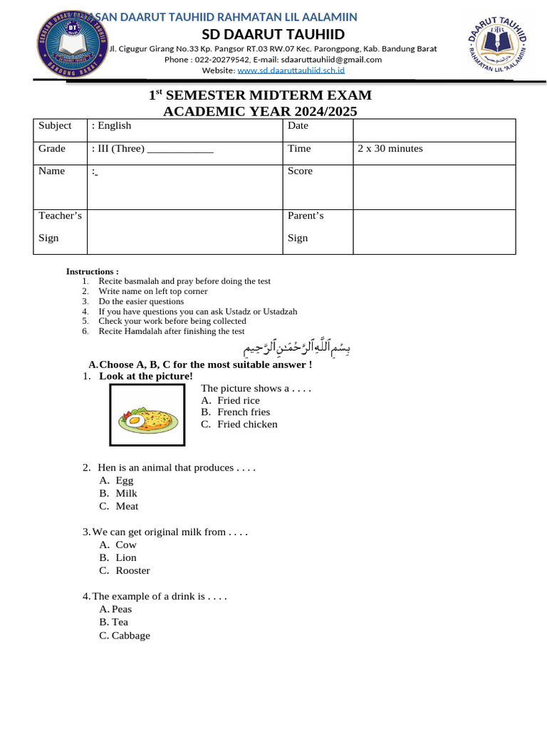 1st Semester 3rd Grade Midterm Exam | PDF | Drink | Hamburgers