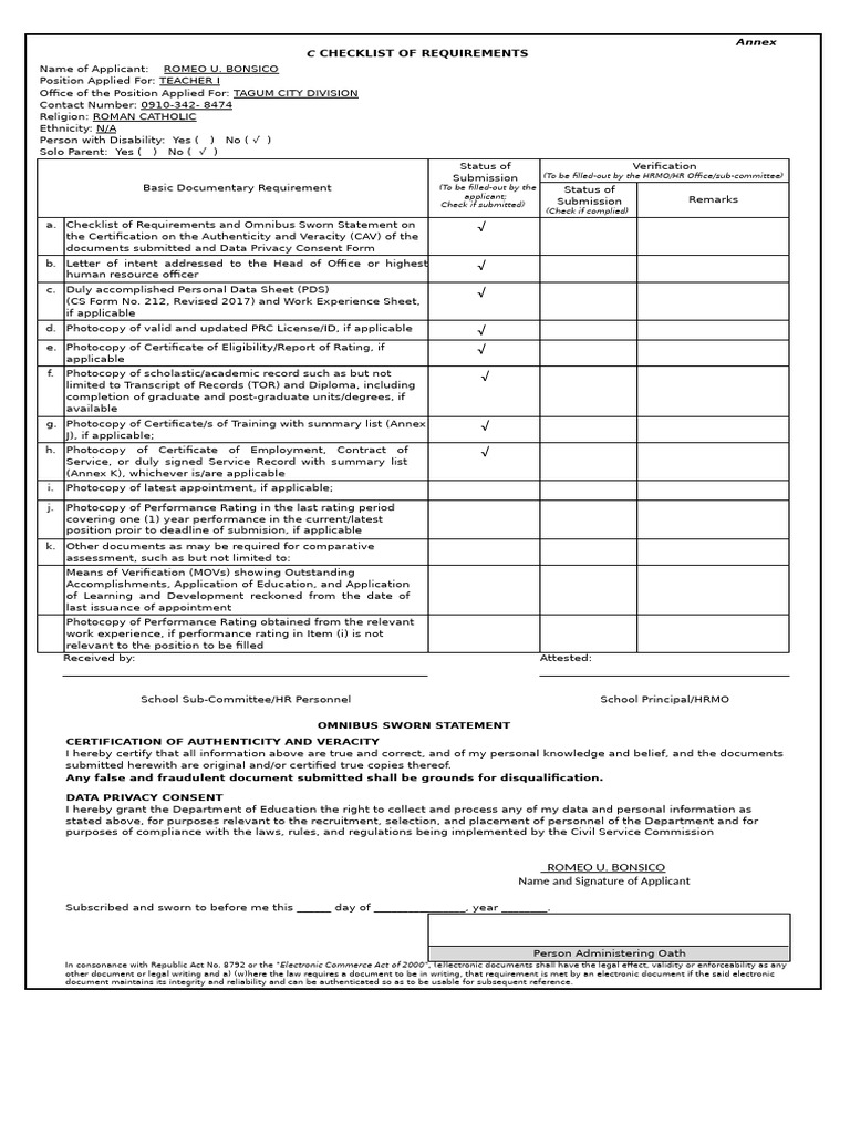 Checklist Annex C Deped Tagum | PDF