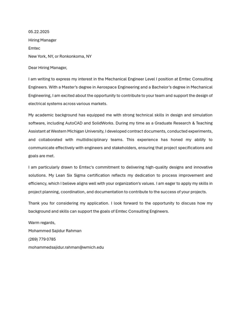 Cover Letter - Mohammed Sajidur Rahman - Emtec | PDF