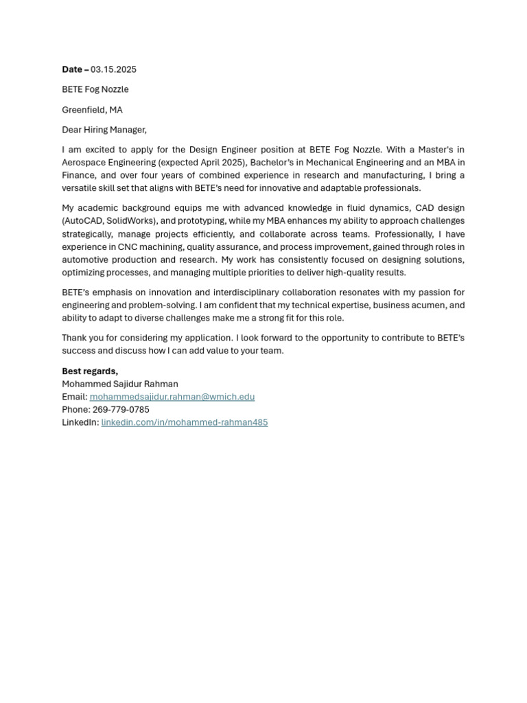Cover Letter - Mohammed Sajidur Rahman - BETE Fog Nozzle | PDF
