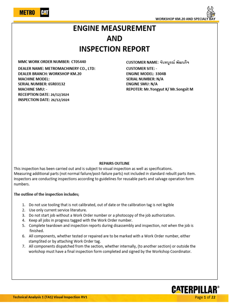 Engine Inspection Report for 3304B Model | PDF | Cylinder (Engine ...