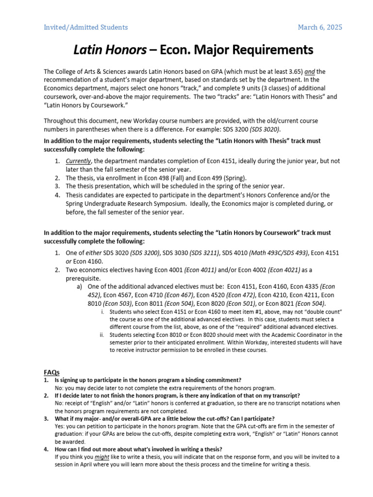 Latin Honors-Econ Major-Requirements 2025-26 | PDF | Academia | Higher ...